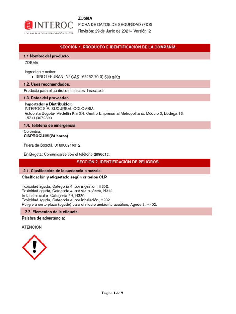 Ficha de Datos de Seguridad - Zosma | PDF | Agua | Toxicología