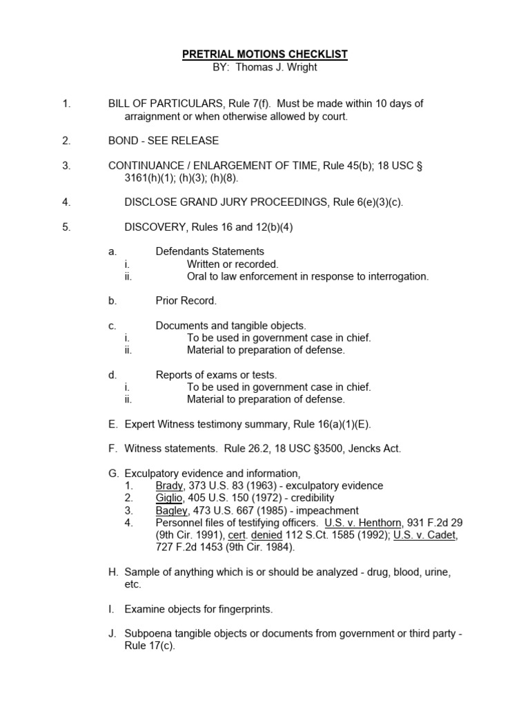 Pretrial Motions Checklist Guide | PDF | Title 18 Of The United States ...