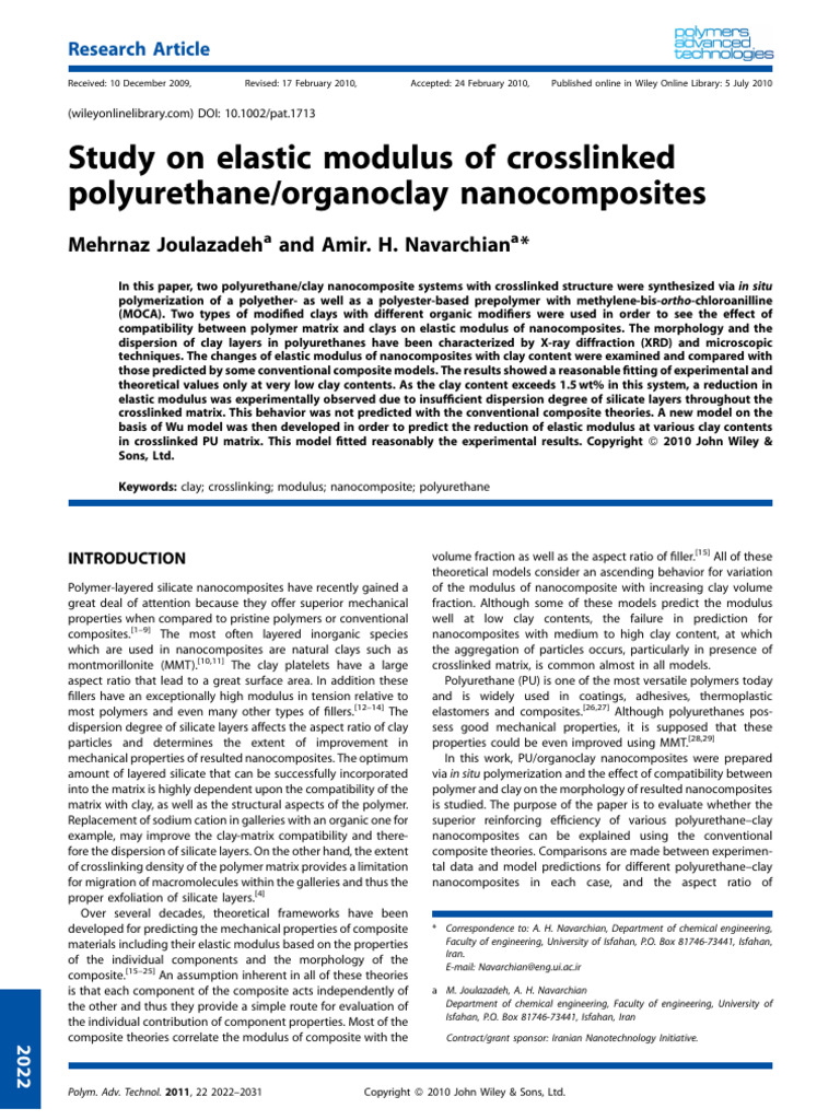 Polymers For Advanced Techs - 2011 - Joulazadeh - Study On Elastic ...