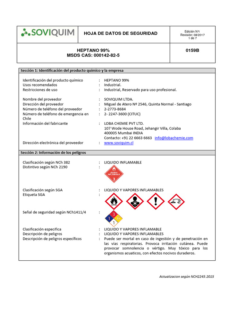 Hoja de Seguridad: Heptano 99% | PDF | Agua | Residuos