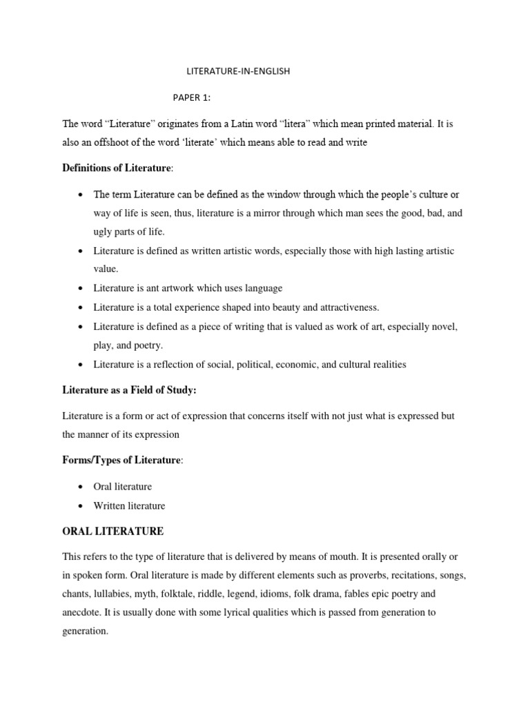 Exam Note On Literature Yr 7, Paper 1 | PDF | Poetry | Narration