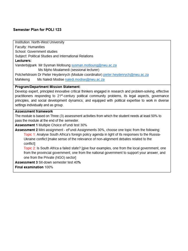 POLI 123 Semester Plan Overview | PDF | Policy | Thabo Mbeki