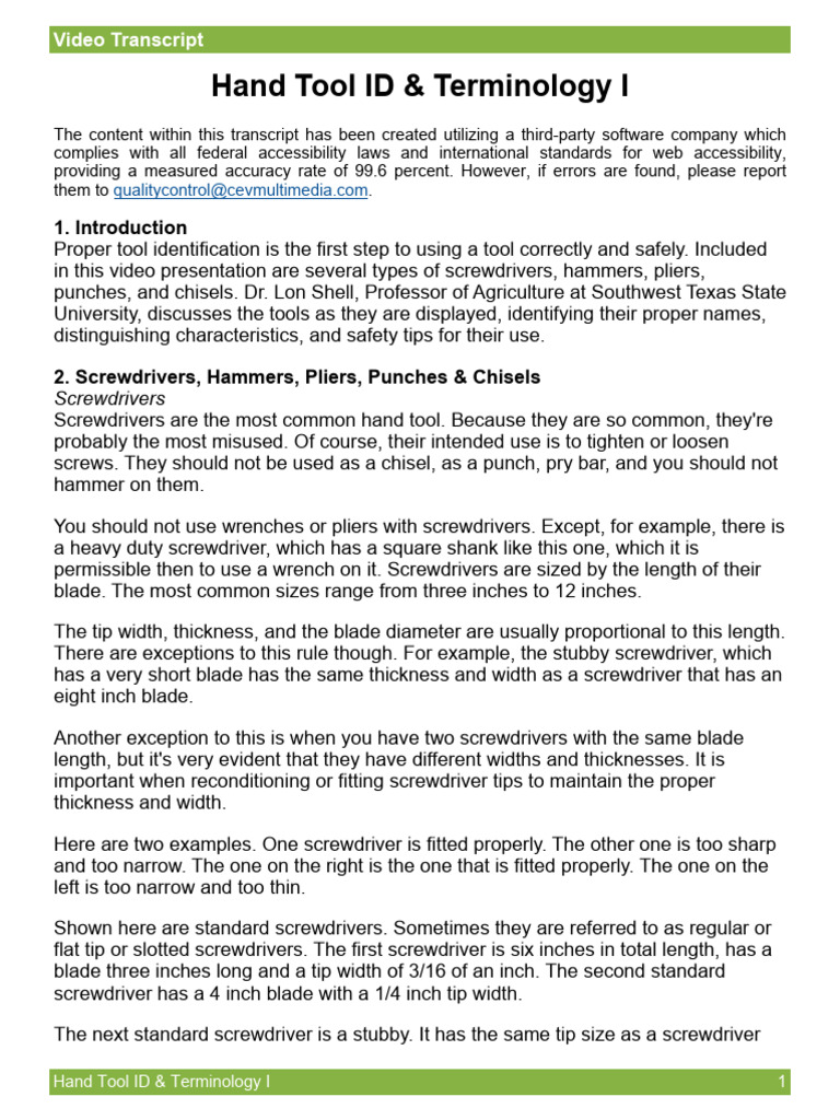 ICEV Hand Tool ID 1 Video Transcript | PDF | Blade | Screw