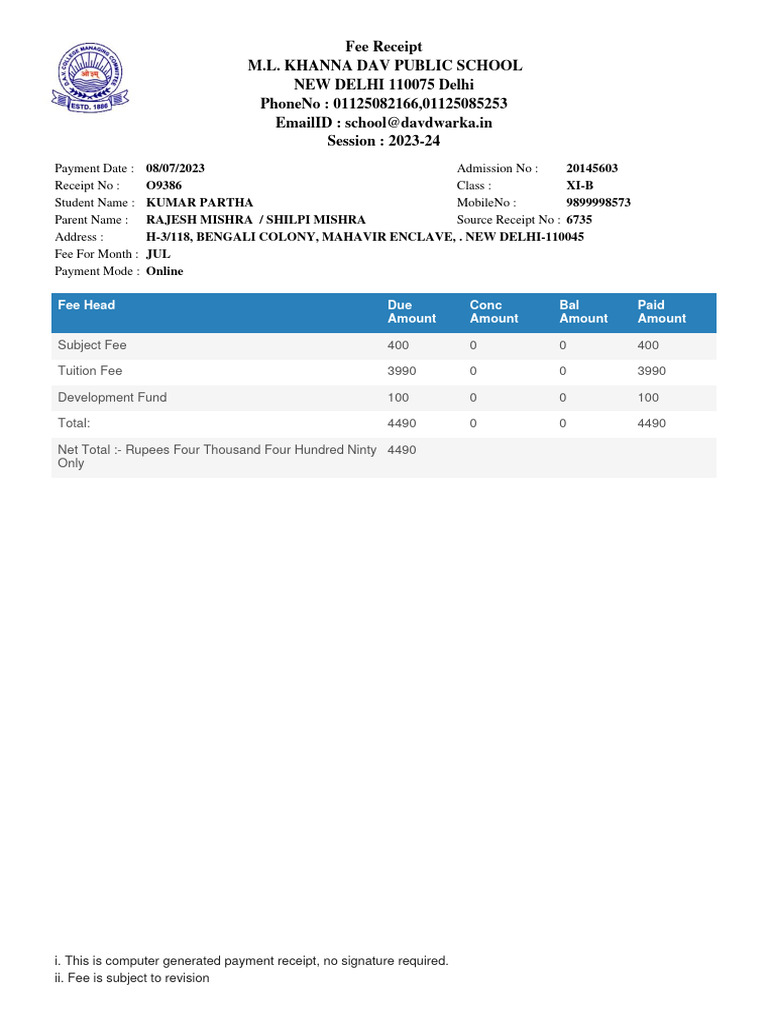 DAV School Tuition Fee Receipt 2023-24 | PDF