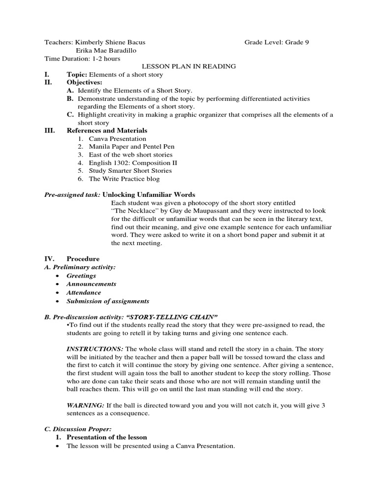 Grade 9 Short Story Elements Lesson Plan | PDF | Plot (Narrative ...