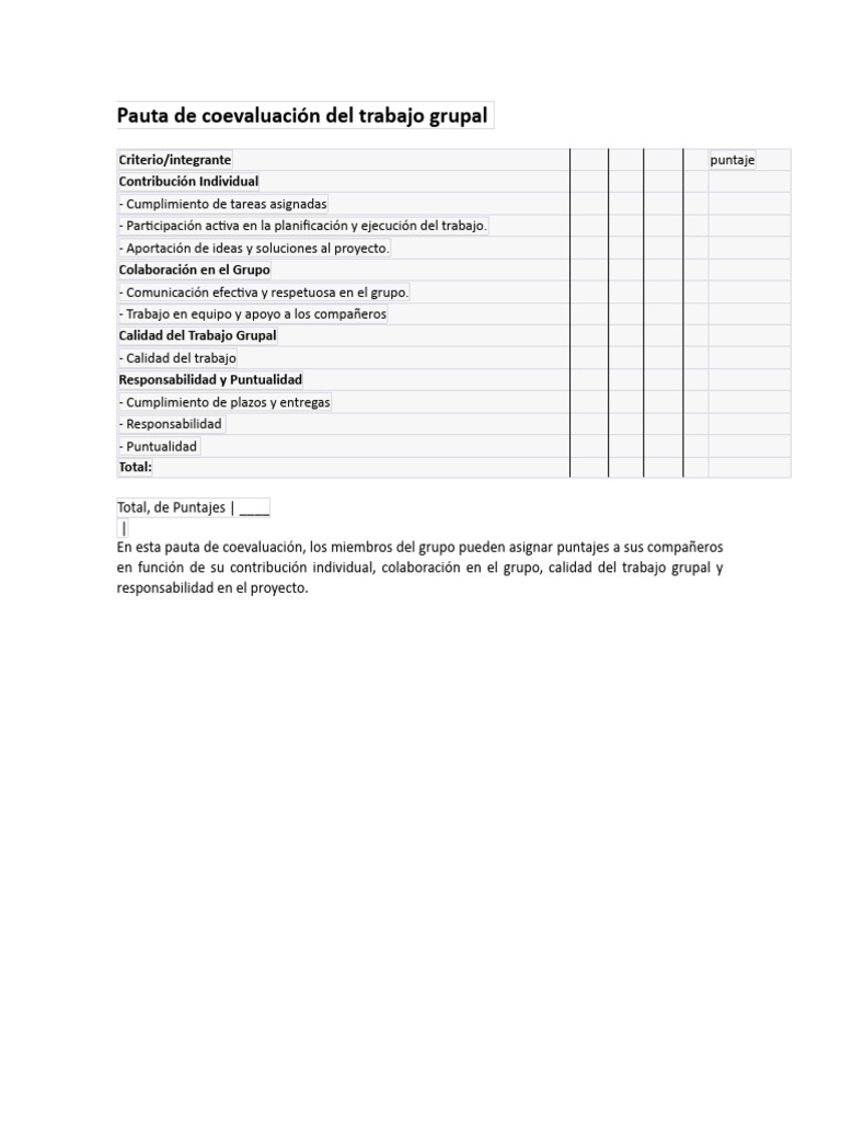 Pauta de Coevaluación Del Trabajo Grupal | PDF