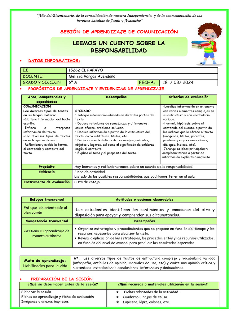 Leemos Un Cuento Sobre La Responsabilidad: Sesión de Aprendizaje de Comunicación | PDF ...