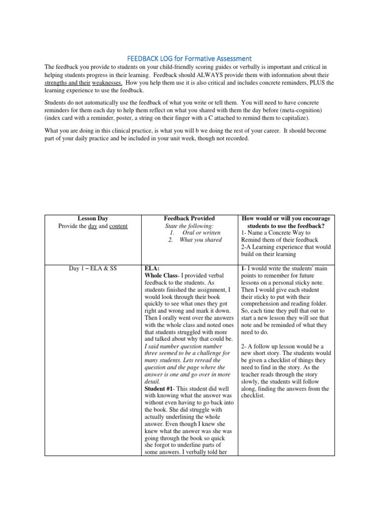 Feedback Log | PDF | Reading Comprehension | Learning