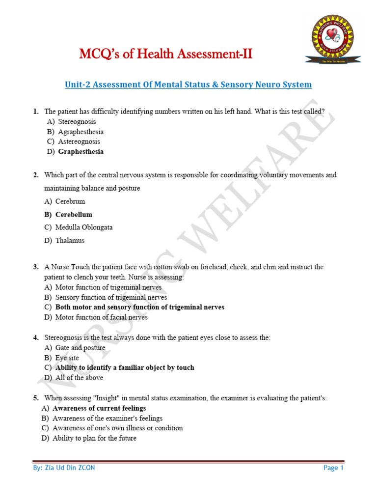 MCQ's of HA Unit-2 Mental Status & Sensory Nerous Exmination | Download ...