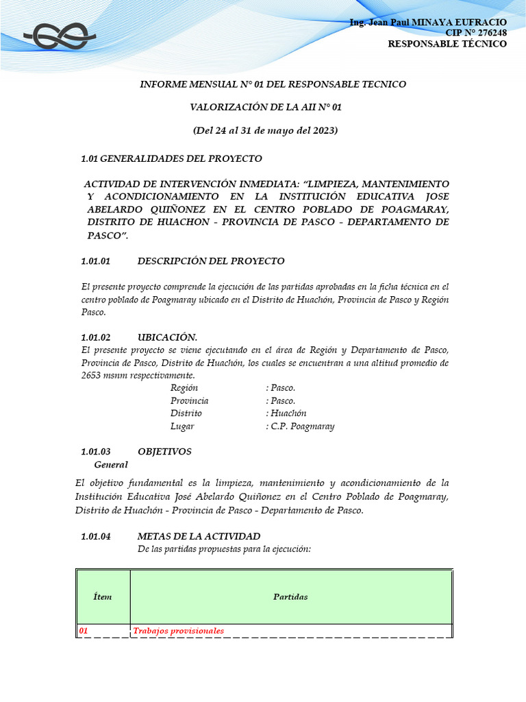 Informe Mensual de Proyecto Educativo Pasco | PDF | Materiales de ...