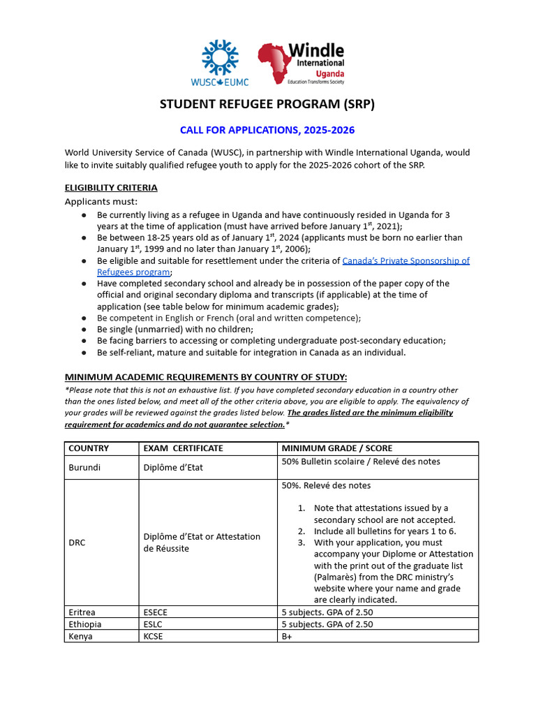 SRP Uganda Call For Applications 2025 26 EN FINAL | PDF | Refugee | College