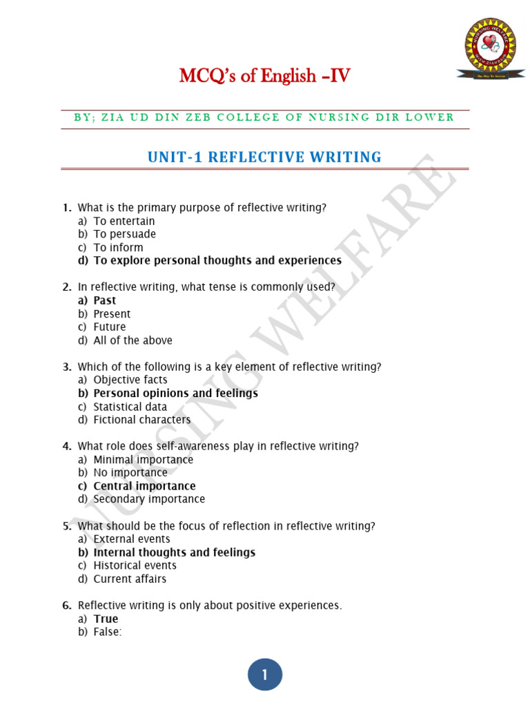 MCQ's of English-IV Unit-1 Reflective Writing | PDF | Evaluation | Reflective Practice
