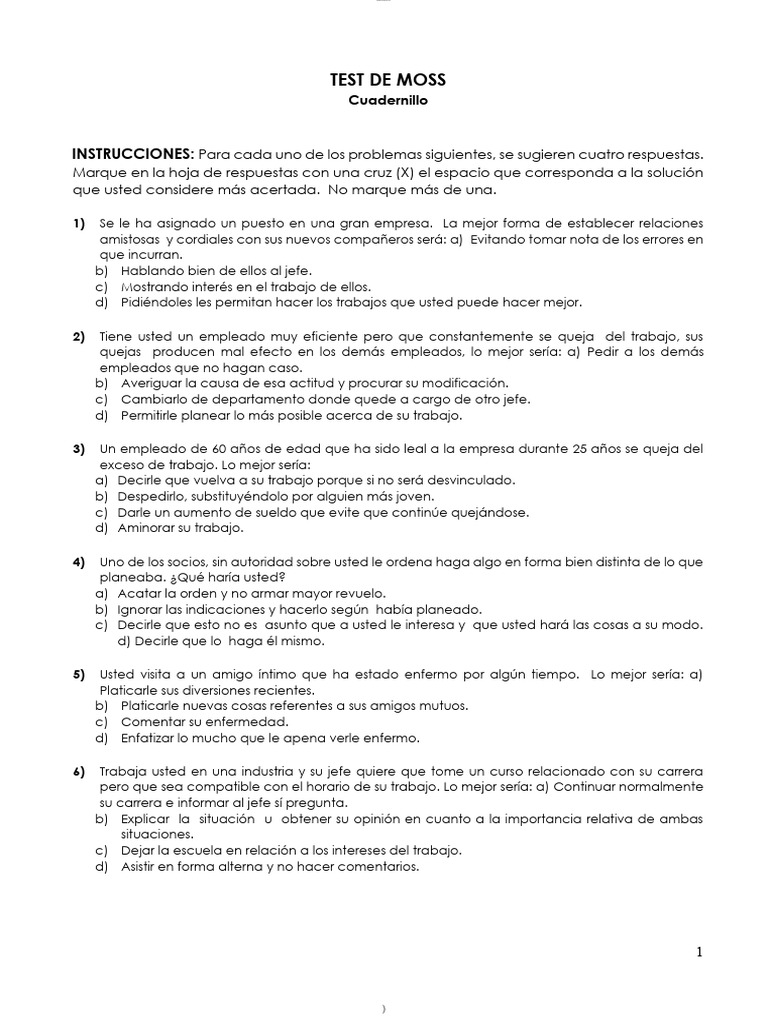 Test de Moss: Cuestionario y Respuestas | PDF | Toma de decisiones ...