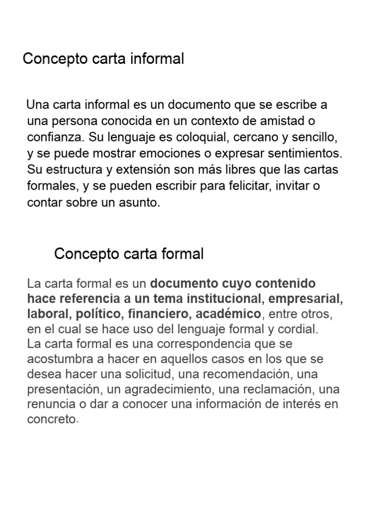 Concepto carta informal y formal y sus ejemplos | PDF