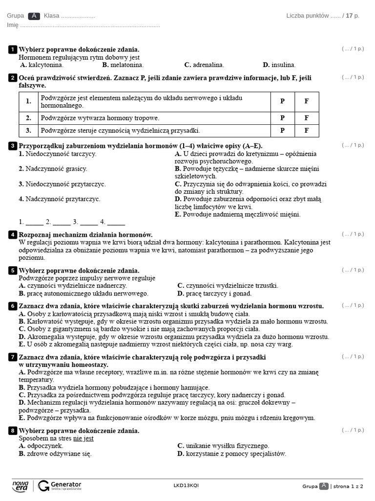 R11 - W - 2. Układ Hormonalny Test (Z Widoczną Punktacją) | PDF