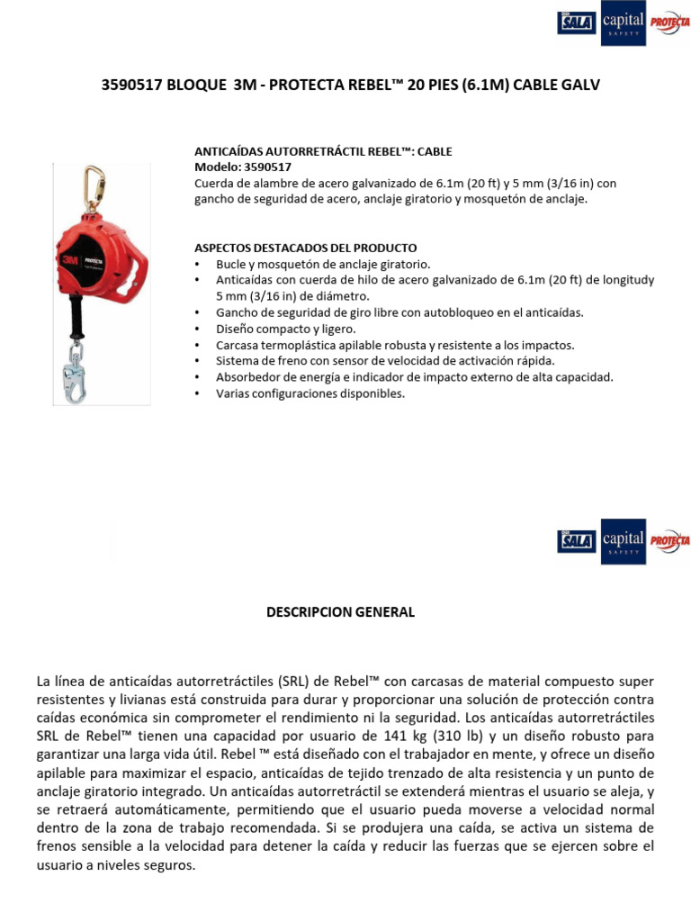 New - Linea Retractil de Cable de 20 FT Sin Shock 3m-Protecta | PDF ...