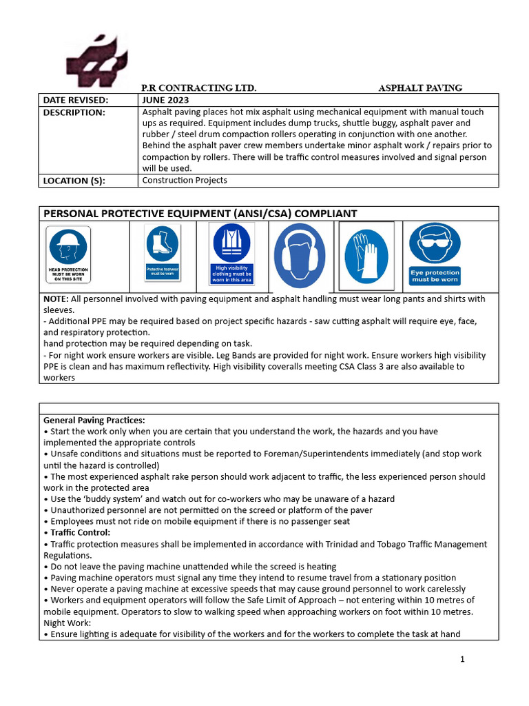 SWP For Asphalt Road Works | PDF | Personal Protective Equipment | Road ...