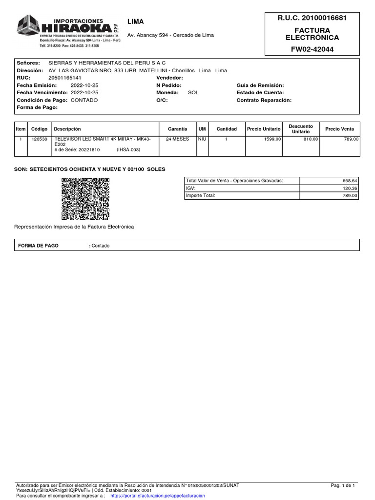 Factura Hiraoka - FW02-42044 - Televisor Led Smart 4K Miray - SHP | PDF