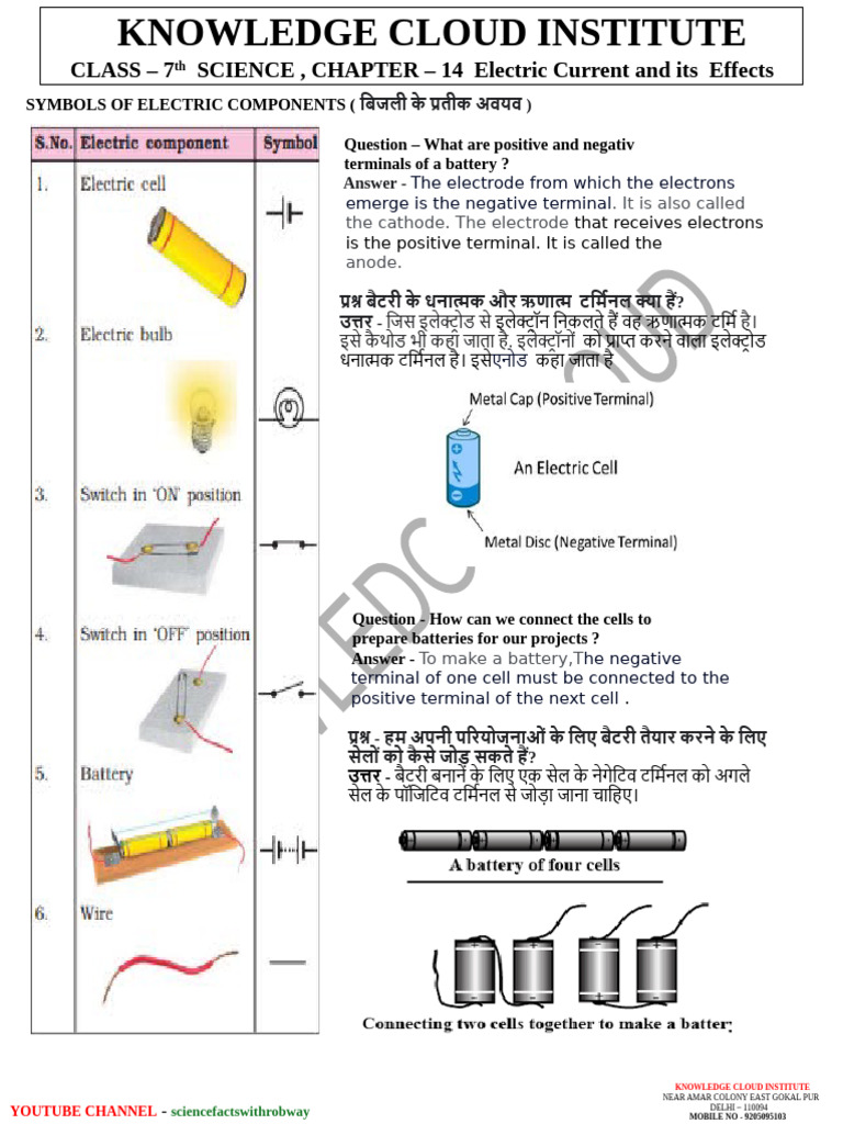 CLASS - 7th SCIENCE CHAPTER - 14 ELECTRIC CURRENT & ITS EFFECT | PDF