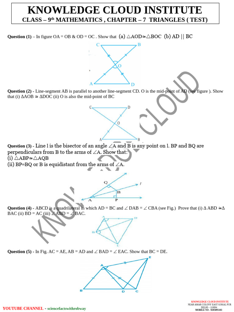 Class 9 Triangles Test Paper | PDF | Geometry | Triangle Geometry