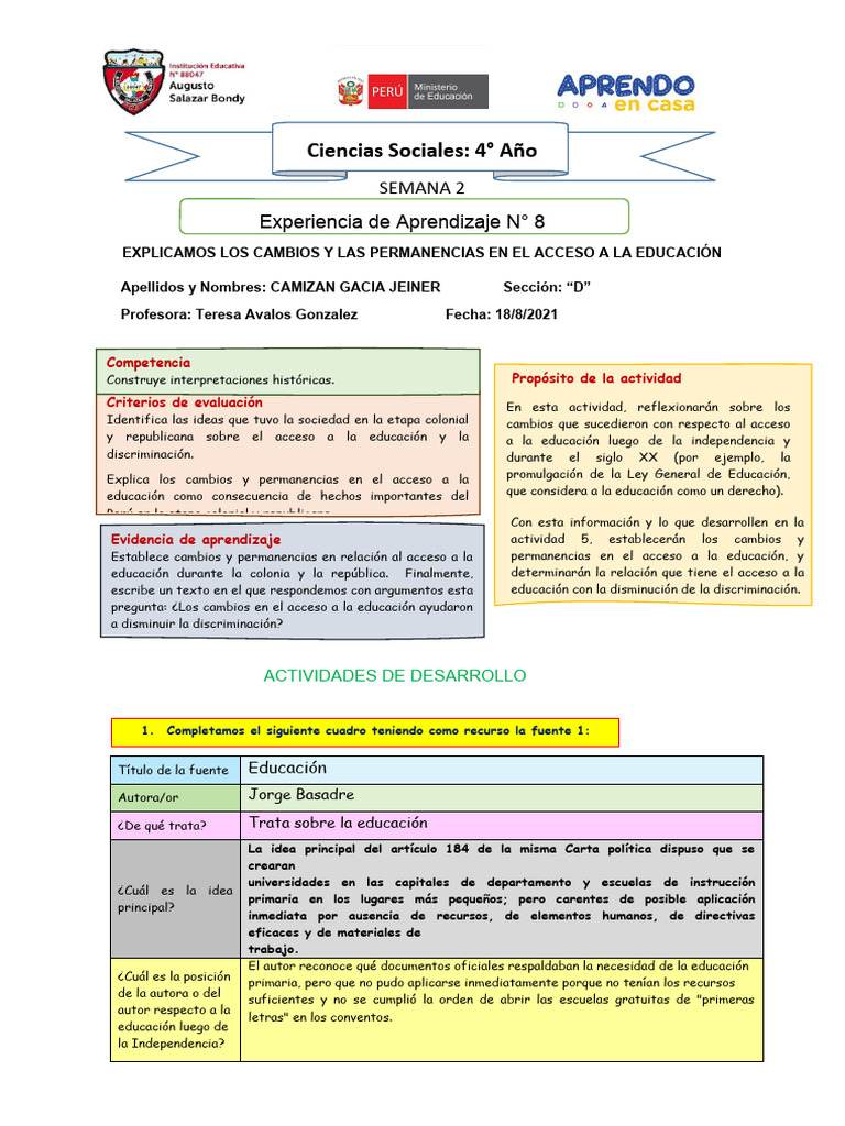 Guía de Presentación - Exp 5 Act 8 - CCSS - 4to Año-Camizan | Descargar gratis PDF | Educación ...