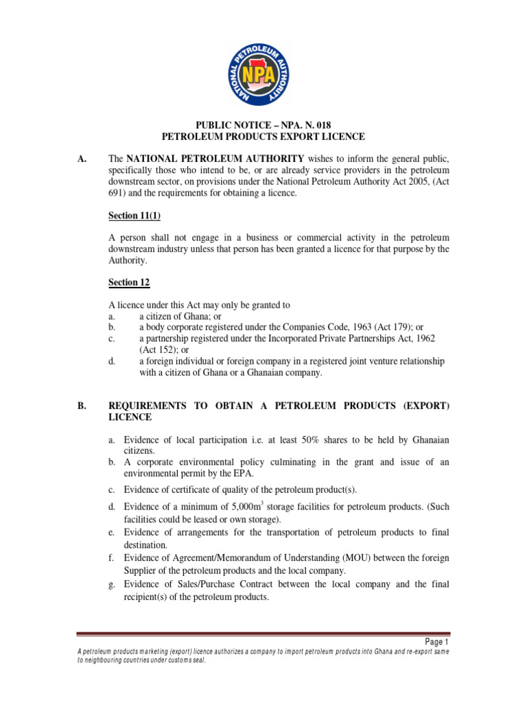 Petroleum Export License Requirements | PDF | License | Ghana
