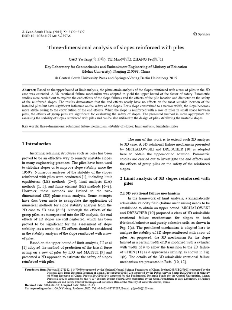 Three-Dimensional Analysis of Slopes Reinforced With Piles | PDF ...