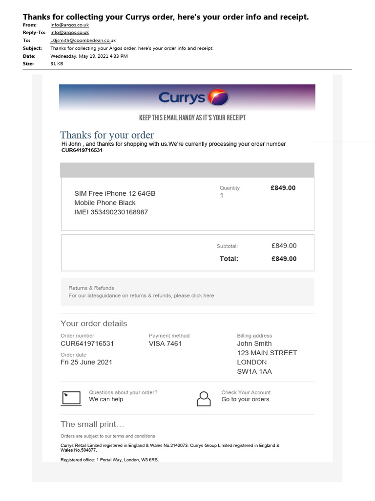 Order Confirmation for John | PDF