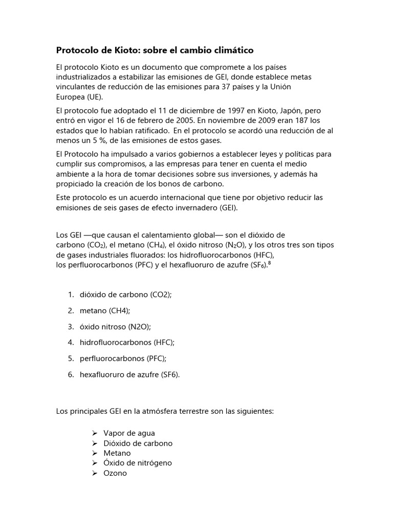 El Protocolo Kioto | PDF | Gases de efecto invernadero | Protocolo de Kyoto