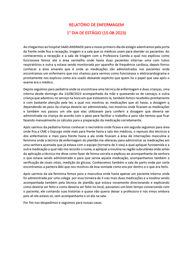 Diário de Estágio em Enfermagem | PDF | Enfermagem | Especialidades médicas