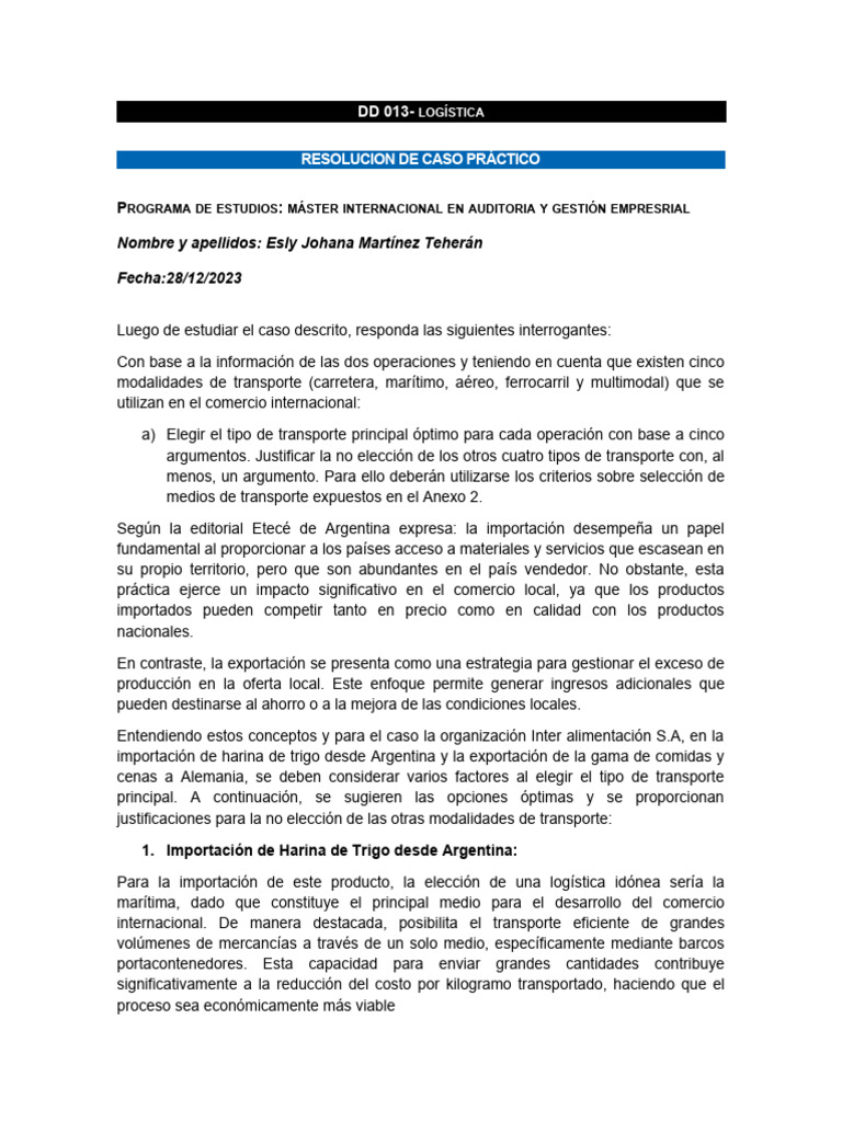 DD 013 Logística - Actividad Practica | PDF | Transporte | Logística