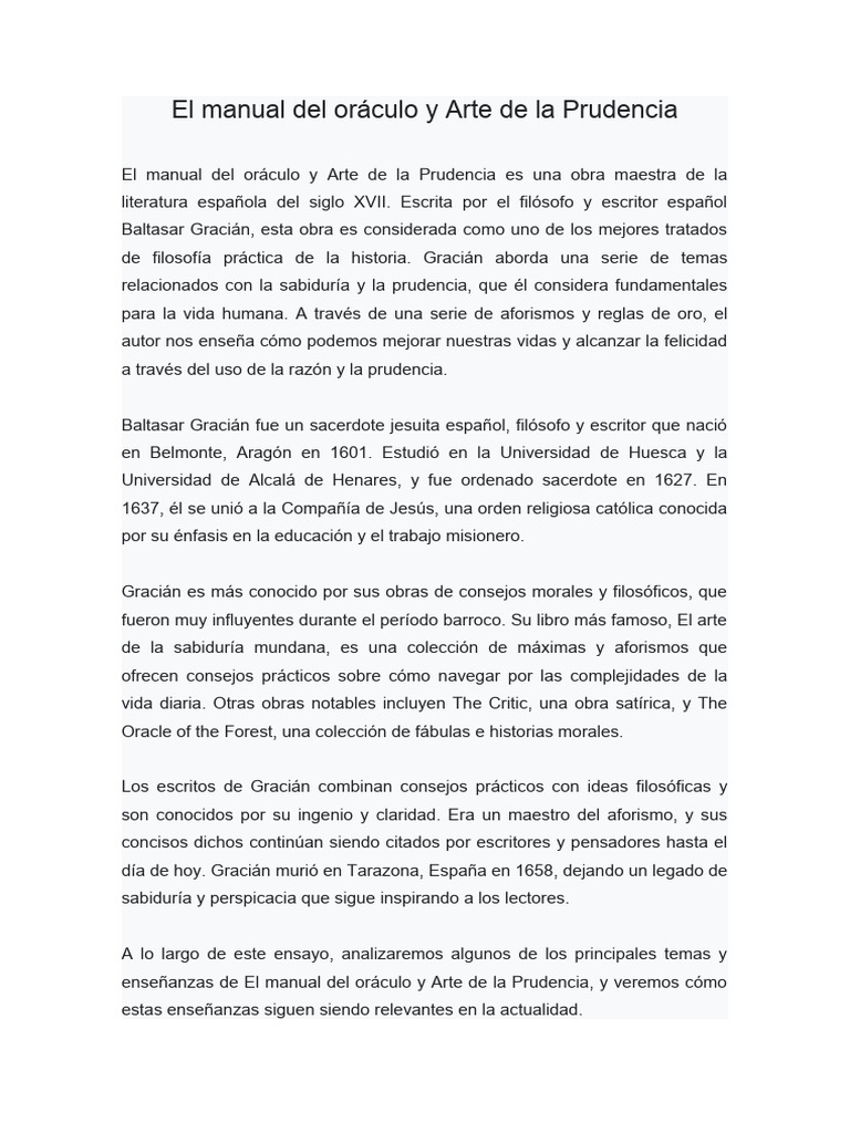 El Manual Del Oráculo y Arte de La Prudencia | PDF | Sabiduría