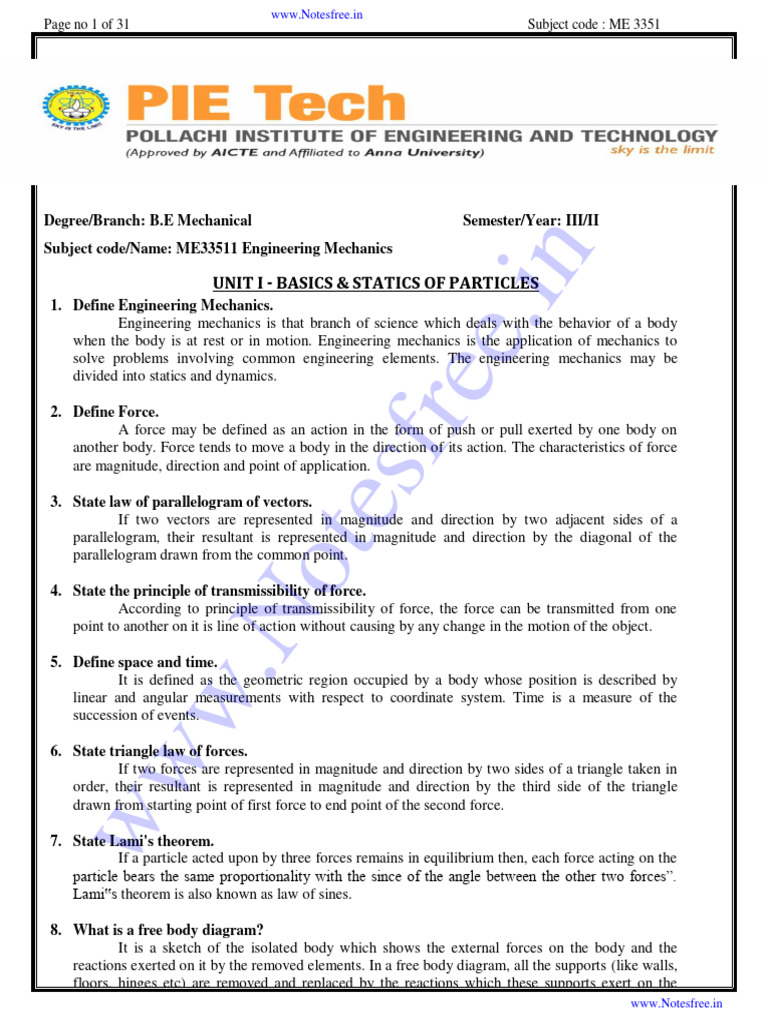 ME3351 - Engineering Mechanics QB 01 - by WWW - Notesfree.in | PDF ...