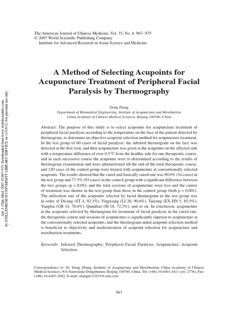 A Method of Selecting Acupoints for Acupuncture Treatment of Peripheral Facial Paralysis by ...