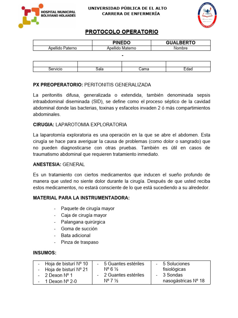 Protocolo Operatorio | PDF | Cirugía | Enfermedades y trastornos