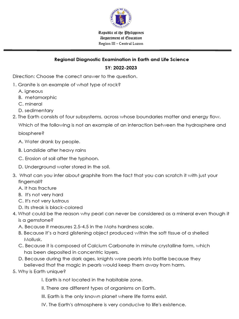 Earth and Life Science Exam Questions | PDF | Rock (Geology) | Magma