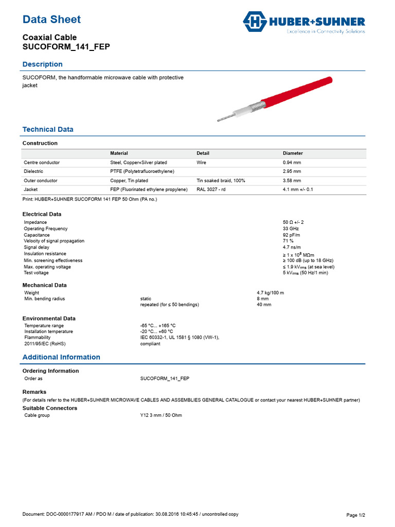 Datenblatt HUBER+SUHNER SUCOFORM 141 FEP Datasheet | PDF ...