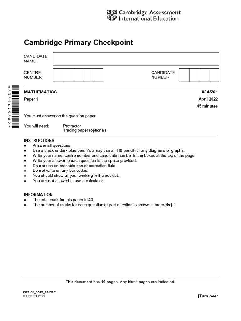 3 Primary Checkpoint Math 0845 April 2022 | PDF | Numbers | Triangle
