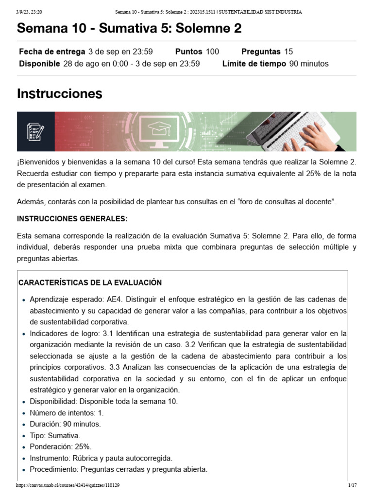 Semana 10 - Sumativa 5 - Solemne 2 - 202315.1511 - SUSTENTABILIDAD SIST INDUSTRIA | PDF ...