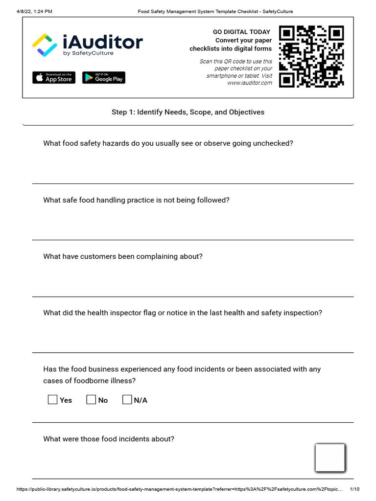 Food Safety Management System Template Checklist - SafetyCulture | PDF ...