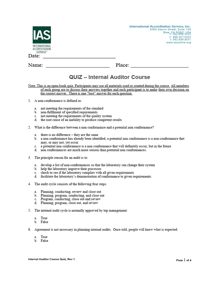 Internal Auditor Classroom Quiz | PDF | Audit | Auditor's Report