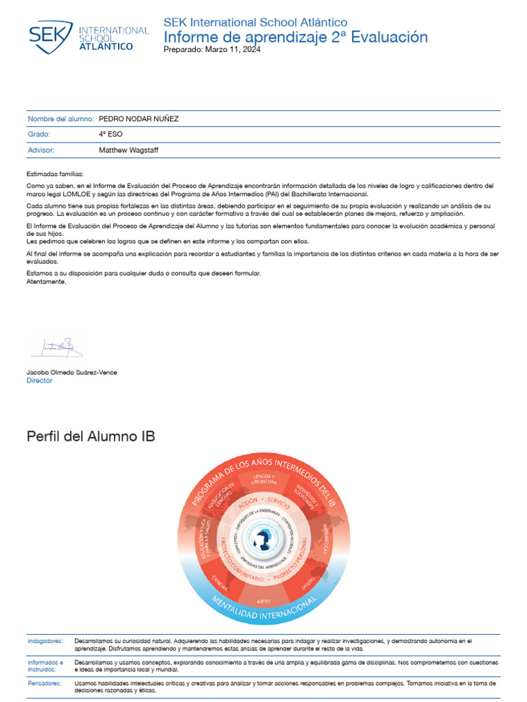 Informe de Aprendizaje 2 Evaluación 4º ESO NODAR NUÑEZ PEDRO 2024-03-11 | PDF | Evaluación ...