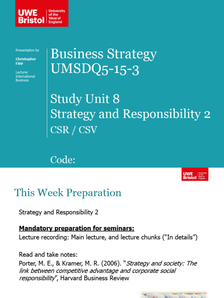 Unit 8 Seminar and Template Strategy and Responsibility 2 CSR CSV | PDF ...