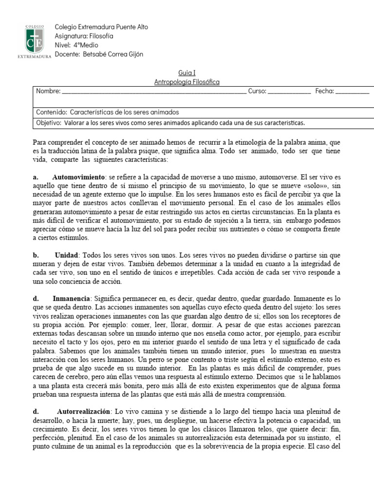 Guía 1 - Cuarto | PDF | Instinto | Humano