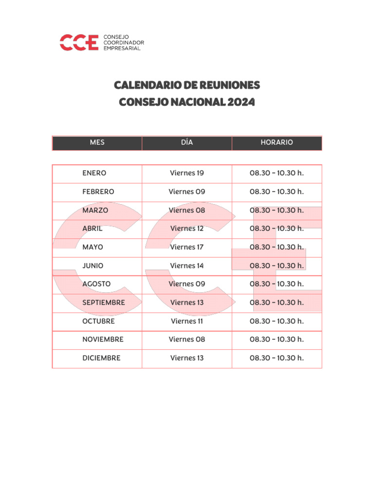 Calendario Consejo Nacional CCE 2024 | PDF