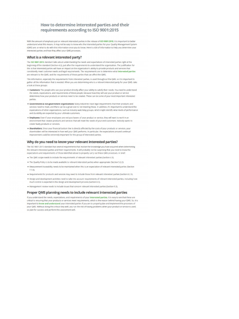 Determining Interested Parties (4.2) in Iso9001 | PDF