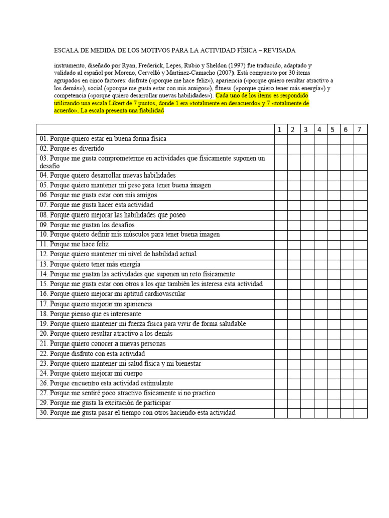 Escala de Medida de Los Motivos para La Actividad Física-Revisada (MPAMR) | PDF | Aptitud física