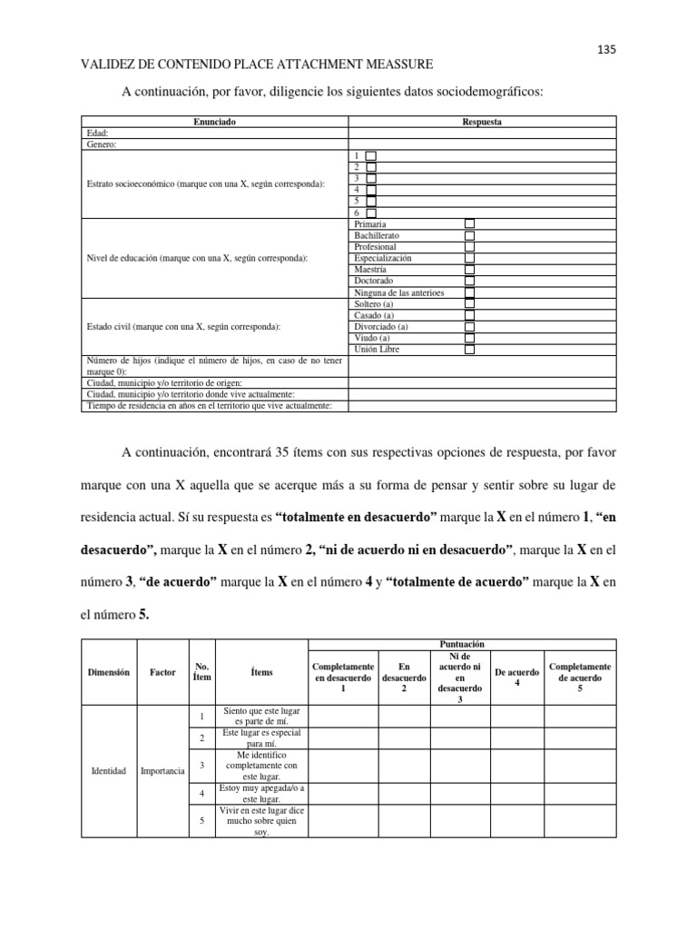 Escala PLACE ATTACHMENT MEASSURE | PDF