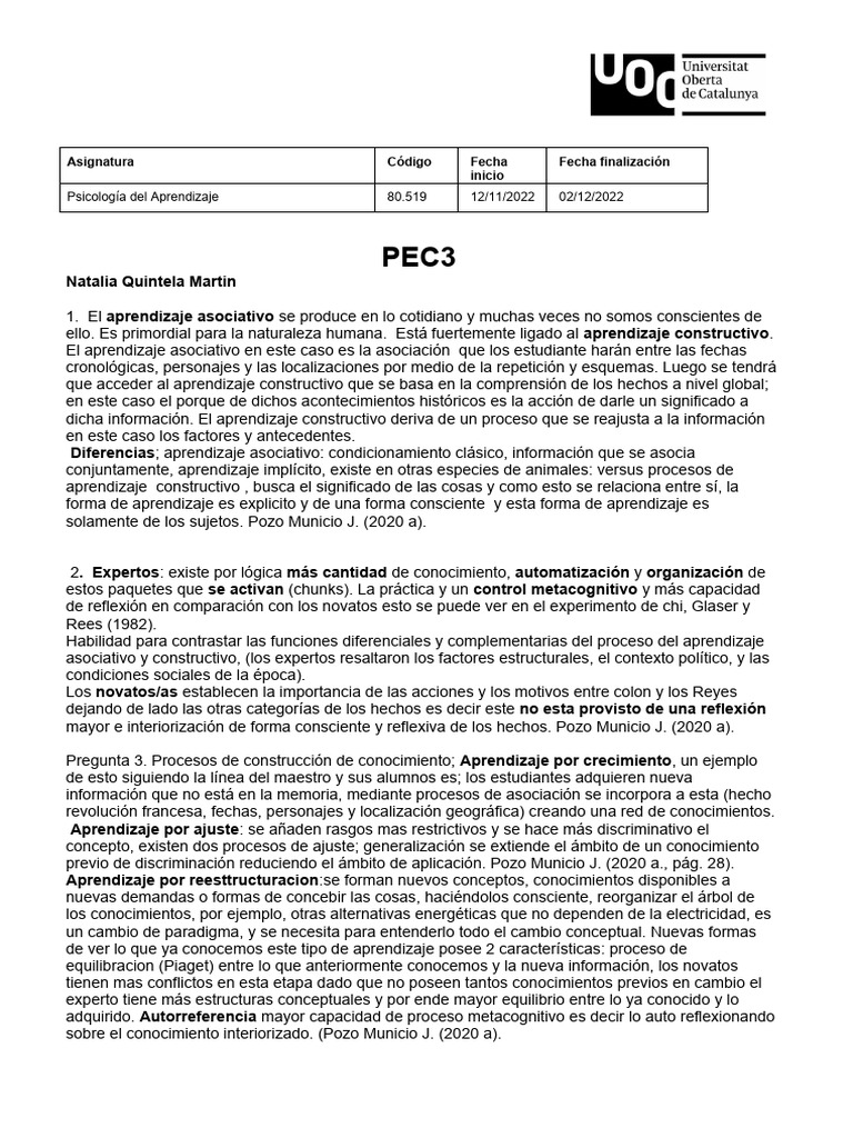 80.519 - Pec 3 Respuestas Entrega | PDF | Aprendizaje | Sicología