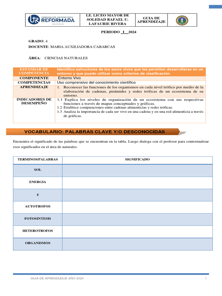 4° - Guia#1 - Ciencias Naturales - Pperiodo - #1 | PDF | Red alimentaria | Ecosistema